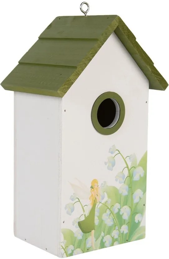 Zeleno-bílá dřevěná ptačí budka s konvalinkami Birdhouse - 15*10*22 cm