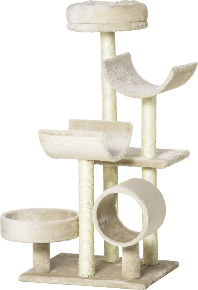 PawHut Kočičí strom, škrábací sloup, škrábací hračky, tunel, béžový L50 x Š40 x V105 cm