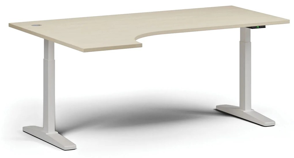 Výškově nastavitelný stůl, elektrický, 675-1325 mm, rohový levý, deska 1800x1200 mm, bílá podnož, bříza