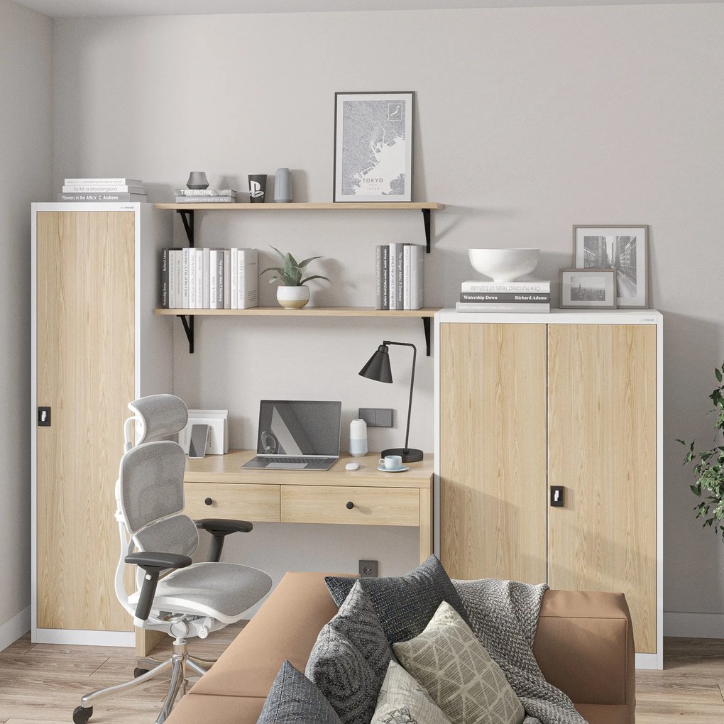 Kovová kancelářská skříň na spisy a dokumenty, bílá/dub sonoma, 450x1850x400 mm: ALEX Eco Design