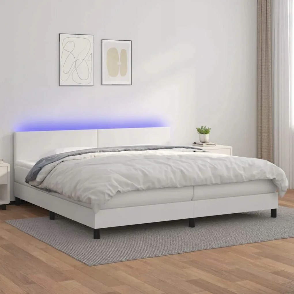 Box Spring Postel S Matrací A Led Umělá Kůže Bílá Hladký design 200 x 200