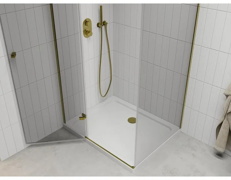 Mexen Roma sprchový kout s otočnými dveřmi 80 x 100 cm, Průhledné, Zlatá + sprchová vanička Flat - 854-080-100-50-00-4010