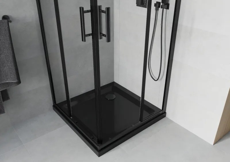 Mexen Rio, čtvercový sprchový kout 90 x 90 cm, 6mm čiré sklo, černý profil + černá sprchová vanička, 860-090-090-70-00-4070B