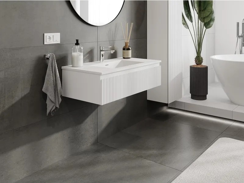 Mexen Rivel, koupelnová skříňka 90 cm s umyvadlem Otis, 1 zásuvka, drážkovaná, bílá matná, 91A20-09023-1-BF01-W18M01