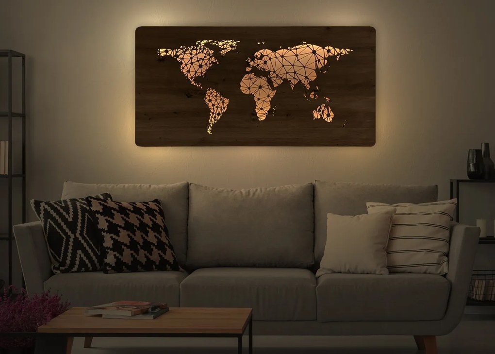 Li-Go "Mapa světa" světelný obraz s baterií 120x60cm varianta ovládání: manuál/pohybové čidlo, provedení povrchu: dub