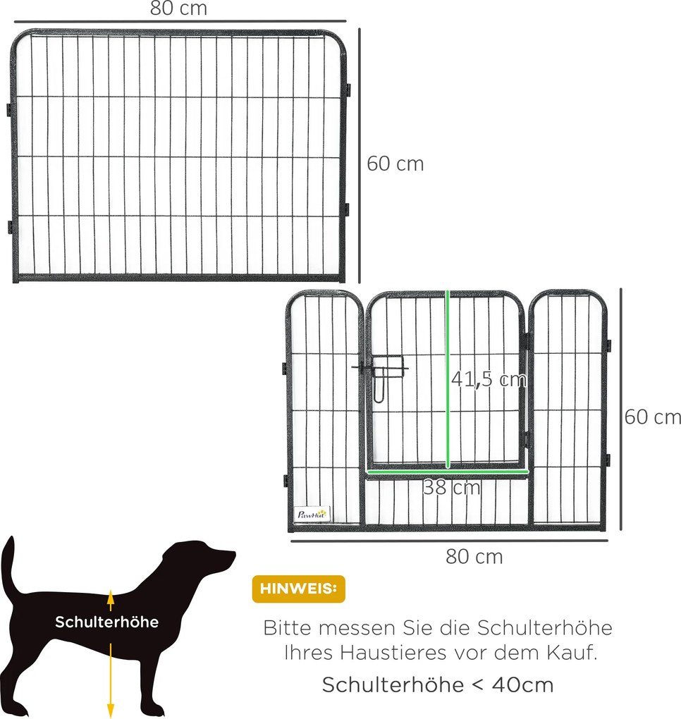 PawHut výběh, 60 cm vysoký výběh pro štěňata s dvířky, ohrádka pro štěňata, výběh pro psy s 12 panely, výběh pro psy, ocel, černá