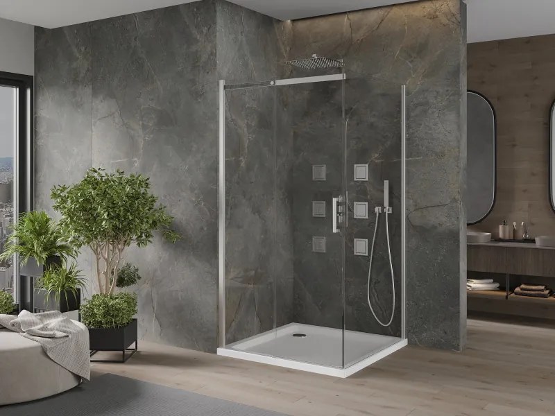 Mexen Omega posuvný sprchový kout 100 x 100 cm, chromový profil, čiré sklo + Slim sprchová vanička, 825-100-100-01-00-4010