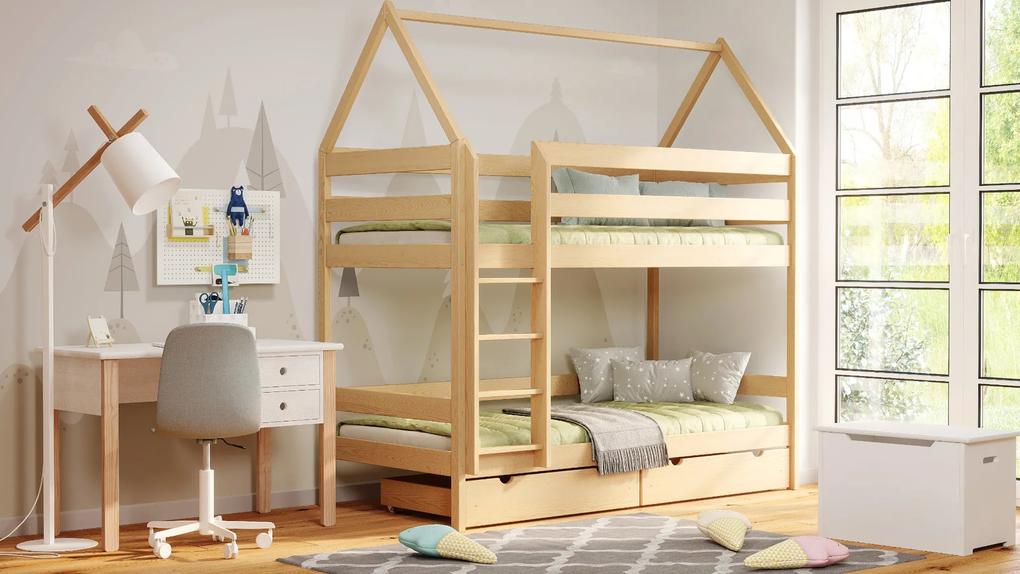 BabyBeds Dětská patrová postel DOMEČEK Velikost postele: 160x80 cm, Barva postele: Borovice, Úložný prostor: Dva menší šuplíky na kolečkách