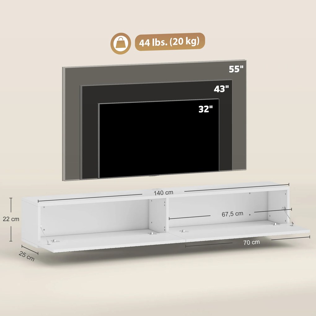HOMCOM závěsný televizní nábytek 140 cm, TV lowboard pro televize až 182,9 cm, 2 výklopné dveře, 140x25x22 cm, bílá