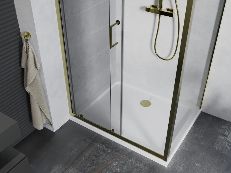 Mexen Apia sprchový kout s posuvnými dveřmi 100 (dveře) x 80 (stěna) cm, 5mm čiré sklo, zlatý profil + bílá sprchová vanička SLIM, 840-100-080-50-00-4010G