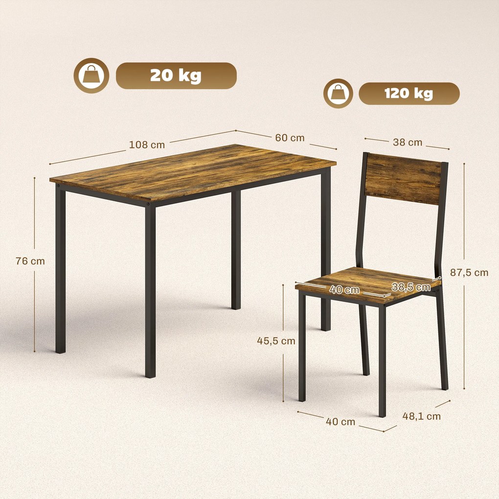 HOMCOM Jídelní set se 4 židlemi, kuchyňský stůl pro 4 osoby, kovové nohy, rustikální hnědá