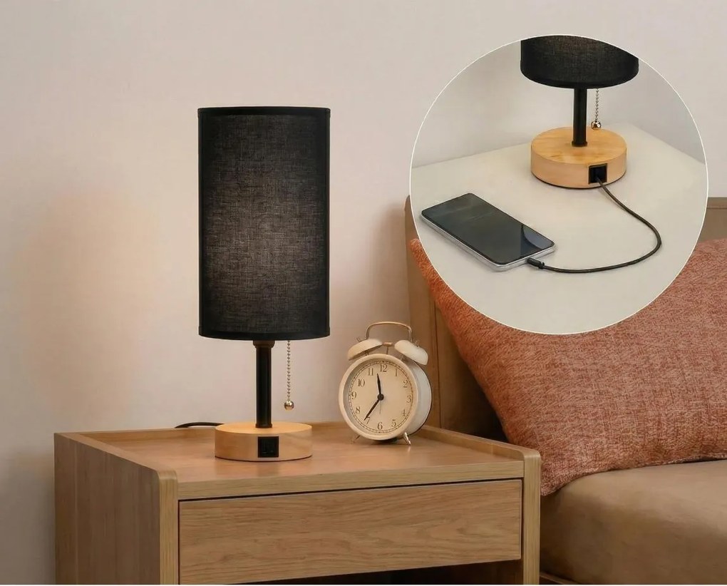 BRILAGI - Stolní lampa s USB portem TABLON 1xE27/25W/230V dub/černá