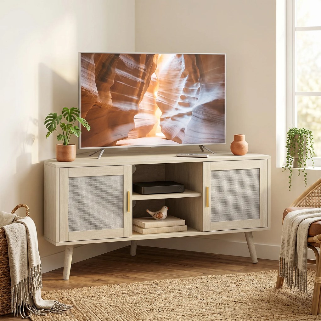 HOMCOM rohový televizní nábytek 115 cm, nábytek pod televizi pro televize až 65 palců, 2 ratanové dveře, 2 přihrádky, dub