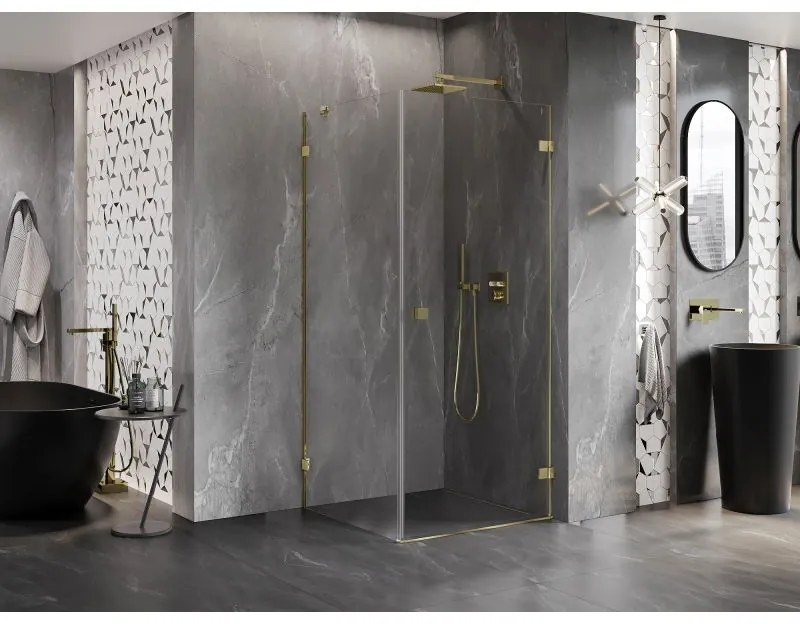 Mexen Lunar-B, pravostranný výklopný sprchový kout 80 x 80 cm, 8mm čiré sklo, zlatý profil, 832-080-080-50-00-P