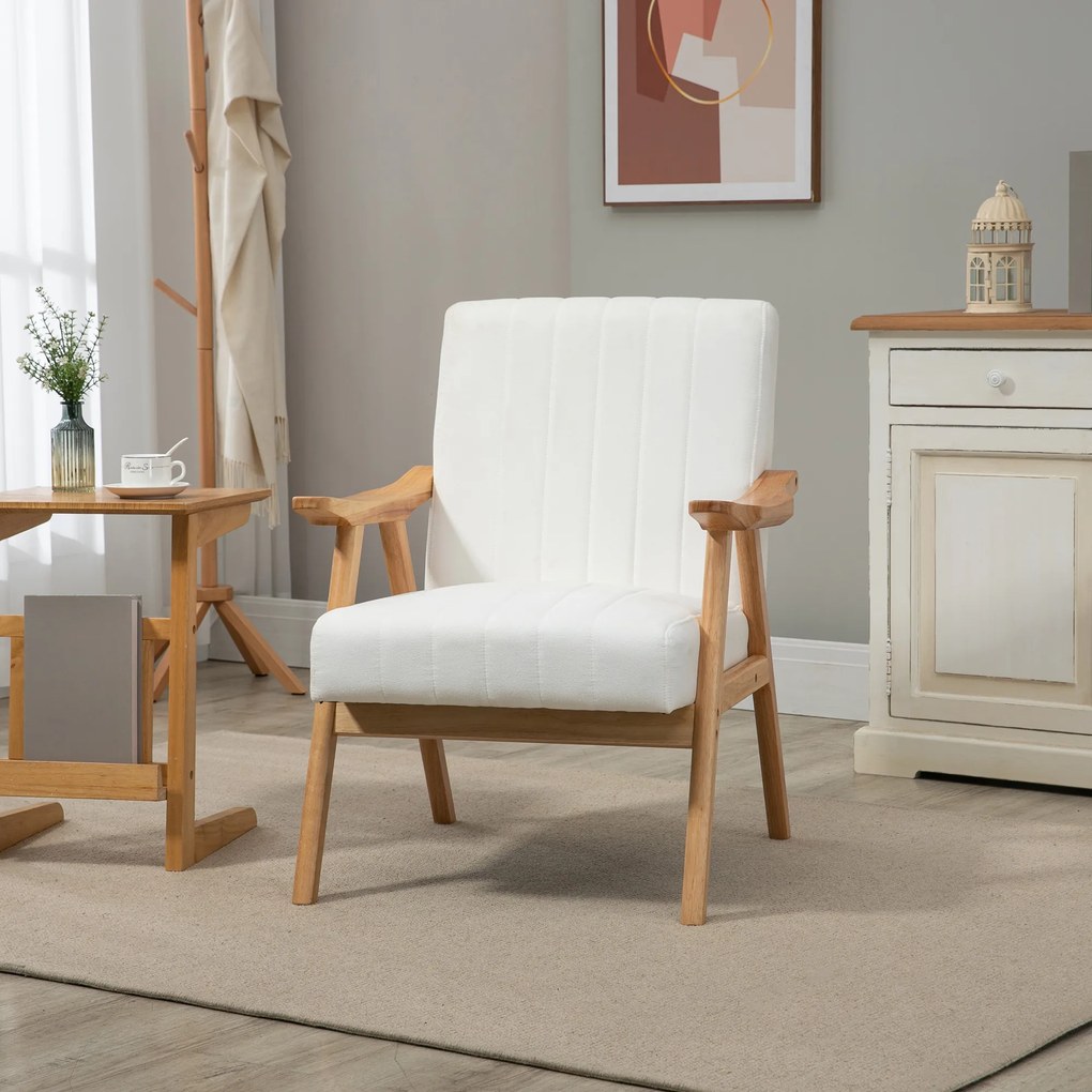 HOMCOM čalouněné křeslo lounge chair v sametovém vzhledu s područkami, design Scandi, krémová, 68x74x82cm