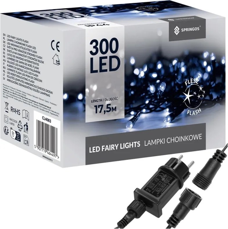 LED světelný řetěz - 17,5m, 300LED, IP44, modrá + záblesky