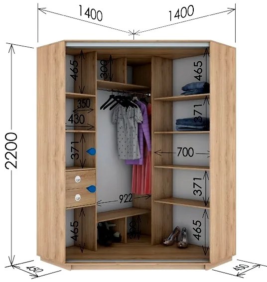 Šatní skříň rohová CORA 140/220 artisan/zrcadlo