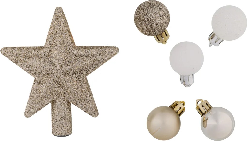 Sada vánočních ozdob šampaň a bílá 3 cm plastové baňky a glitter špice, balení 28 baněk a 1 špice