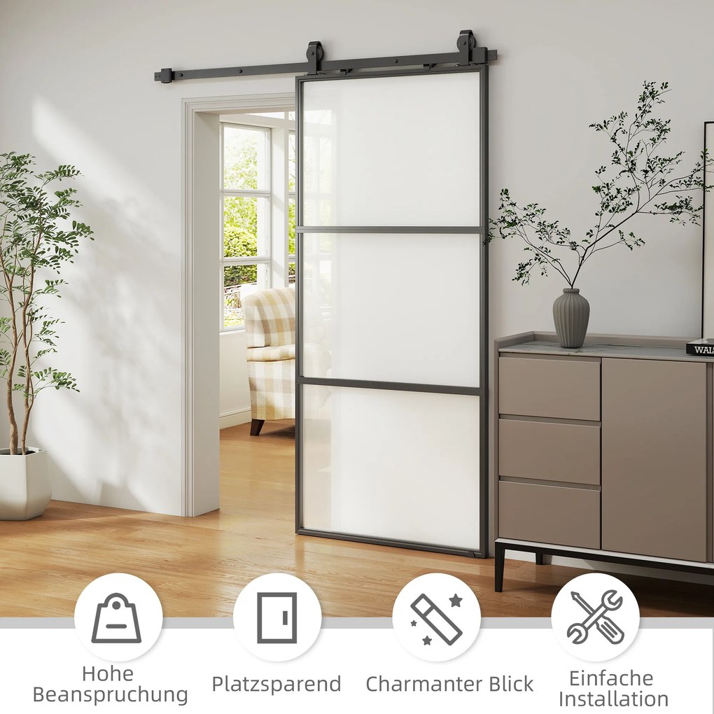 HOMCOM Posuvné Dveře s Hardwarem - Skleněné Posuvné Dveře s Mechanismem Tichého Zavírání pro Koupelnu, Obývací Pokoj a Kuchyni 91,4x203,2 cm Černé