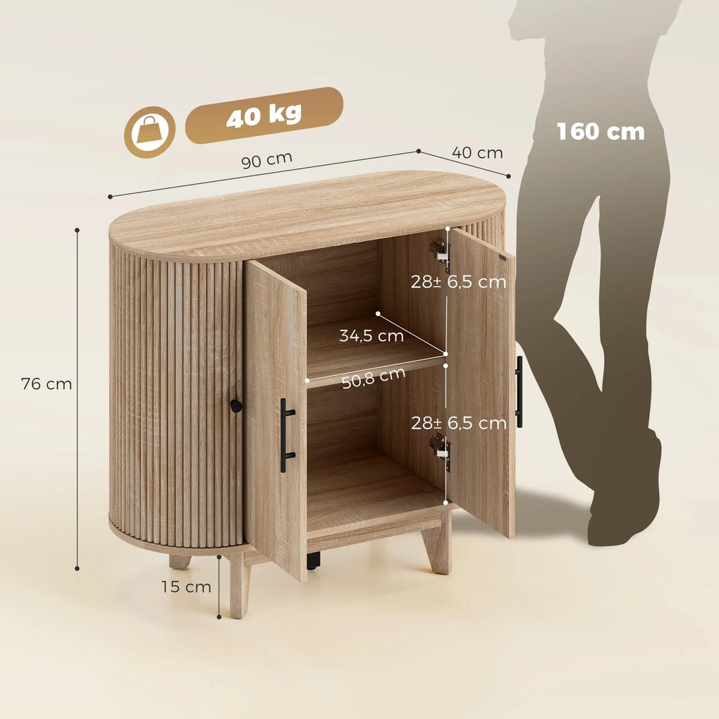 HOMCOM komoda do obývacího pokoje, oválný úložný nábytek se 4 dveřmi a nastavitelnými vloženými policemi, 90 x 40 x 76 cm, dub