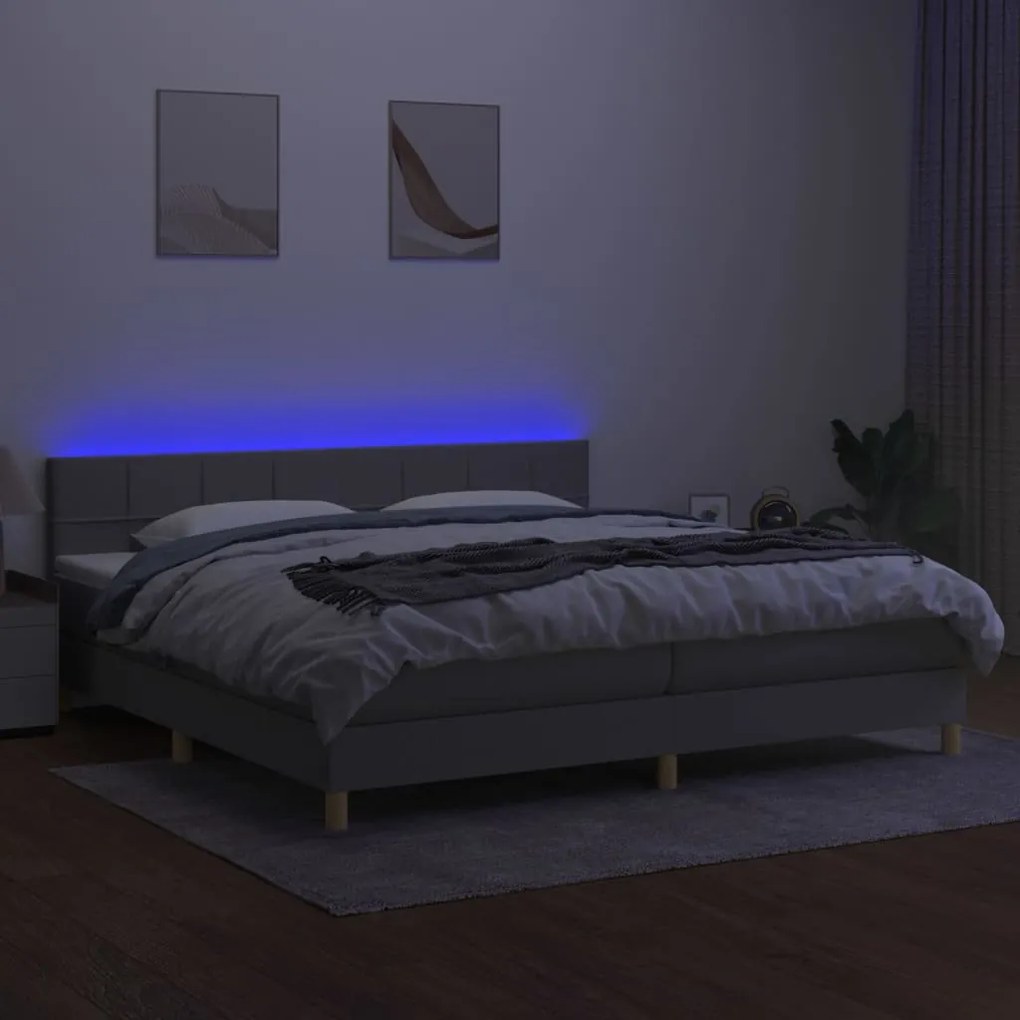 Box spring postel s matrací a LED světle šedá 200x200 cm textil 3133741