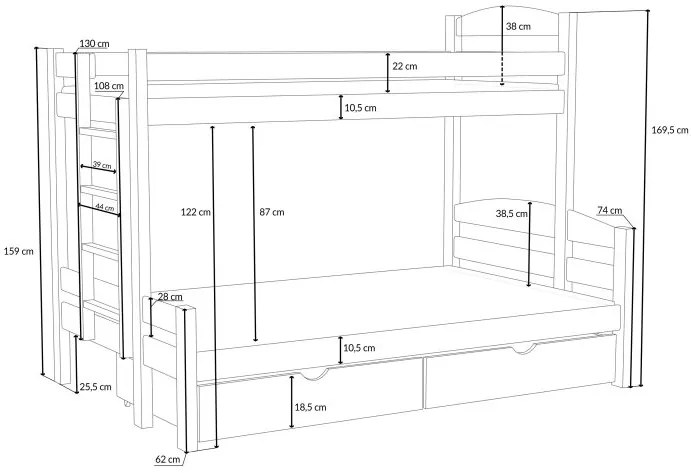 Dětská patrová postel z masivu borovice s rozšířeným spodním lůžkem SAVANA  se šuplíky - 200x90/140 cm - PŘÍRODNÍ BOROVICE