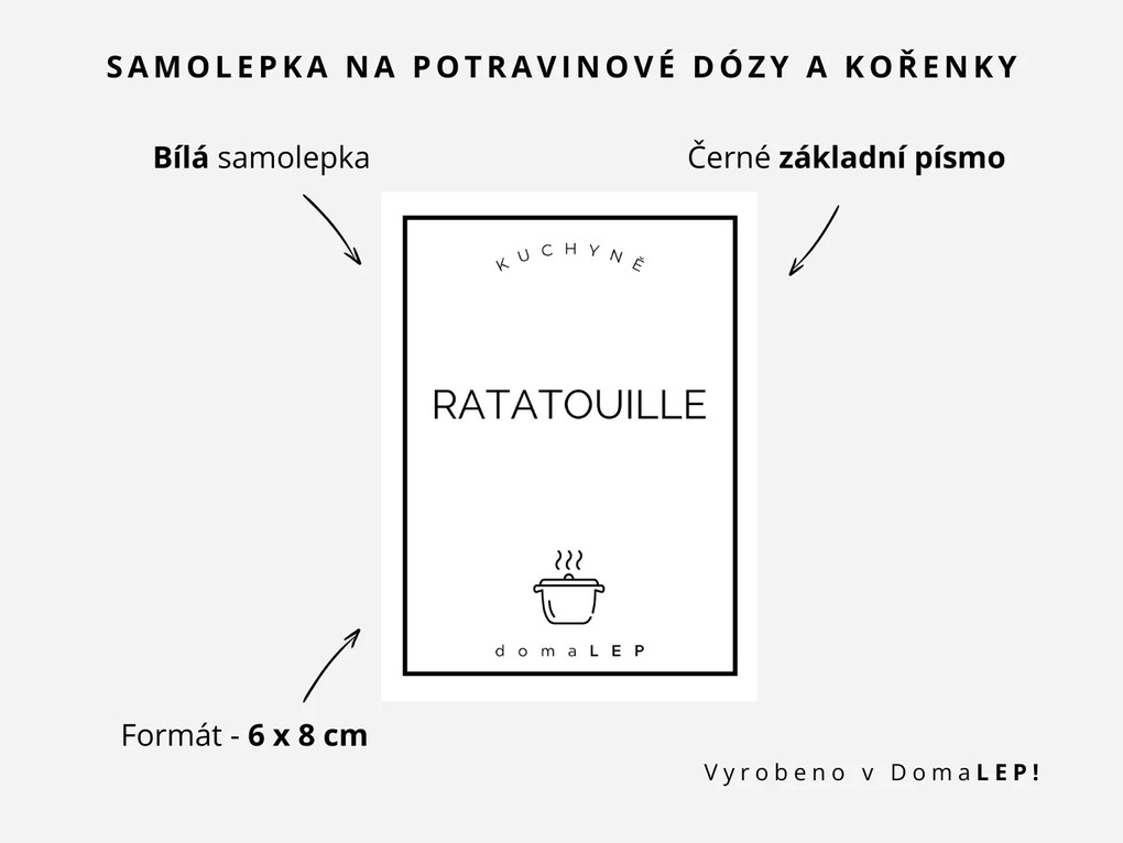 RATATOUILLE - omyvatelná samolepka na kořenky, výběr rozměrů Ø 5 cm / 5 x 5 cm / 6 x 8 cm | DomaLEP tvar: KOLEČKO, barva: BÍLÁ - ČERNÉ písmo, velikost: Ø 5 cm - tučné písmo