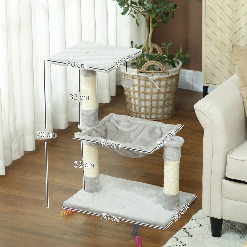Kočičí strom PawHut se 3 škrabacími sloupy, přírodní sisal, platforma, houpací síť a závěsná míčková hračka, rozměry 50 x 26 x 70 cm, krátký plyš, sv…