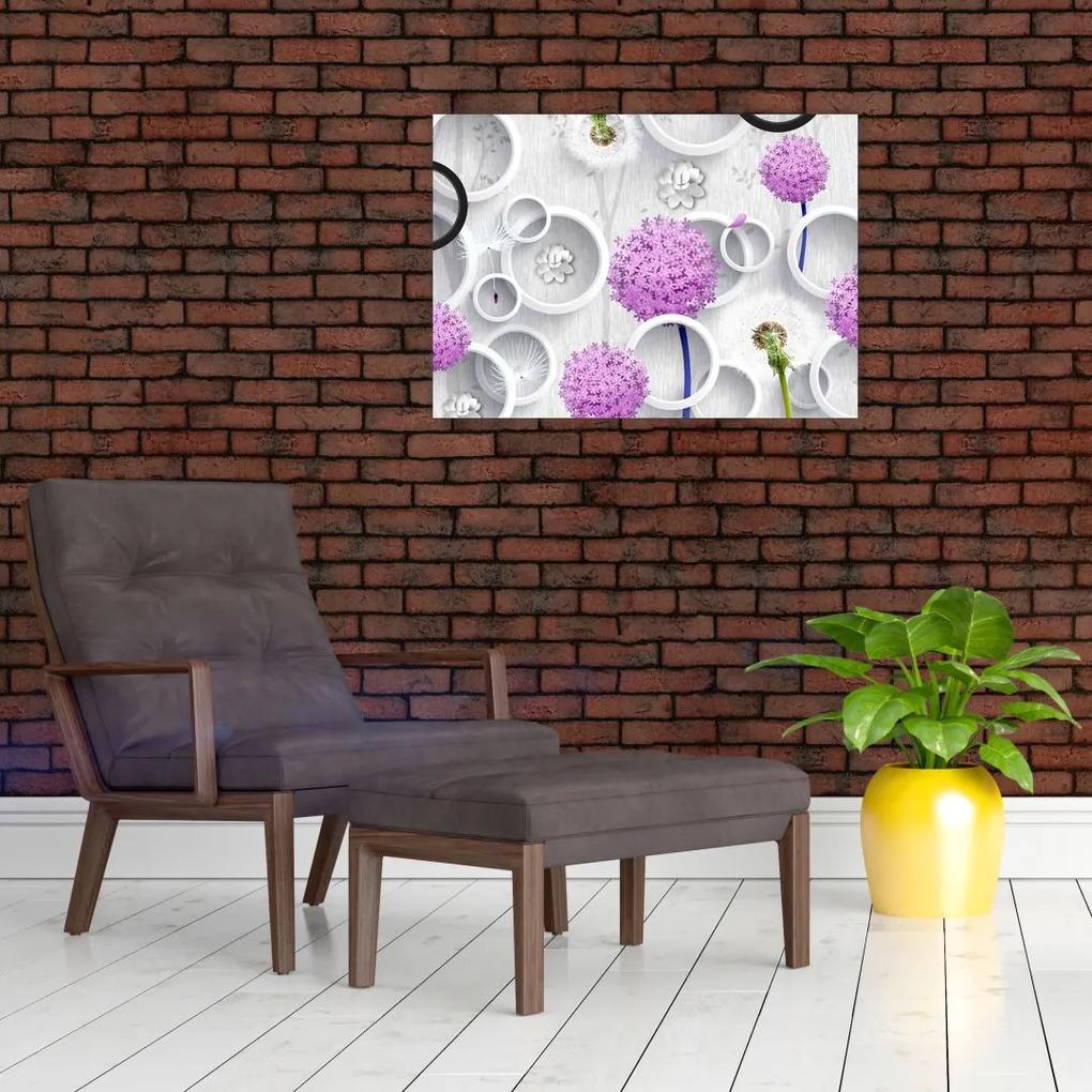 Skleněný obraz 3D abstrakce s kruhy a květinami (70x50 cm)