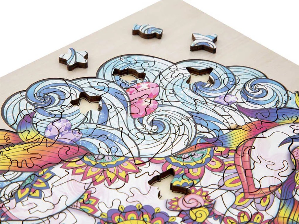 _Ostatní 1_ DŘEVO Puzzle obrysové na desce Jednorožec 130 dílků set skládačka se stojánkem 400045rms
