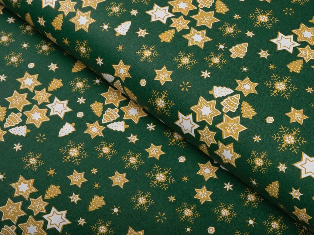 Biante Vánoční bavlněný běhoun na stůl Sandra SA-407 Hvězdičky a stromky na zeleném 35x180 cm