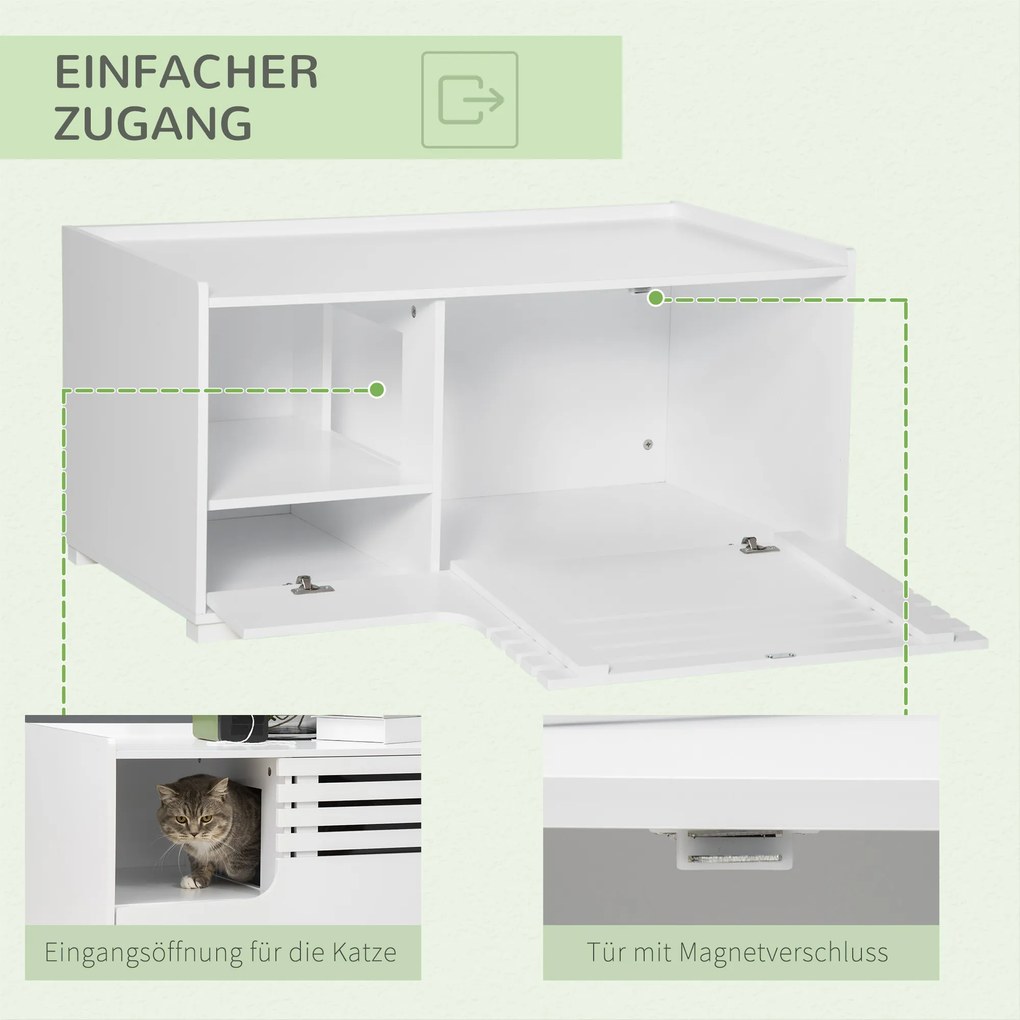 Skříňka pro kočky PawHut na kočičí záchůdek s magnetickými dvířky a bočním stolkem z MDF v bílé barvě