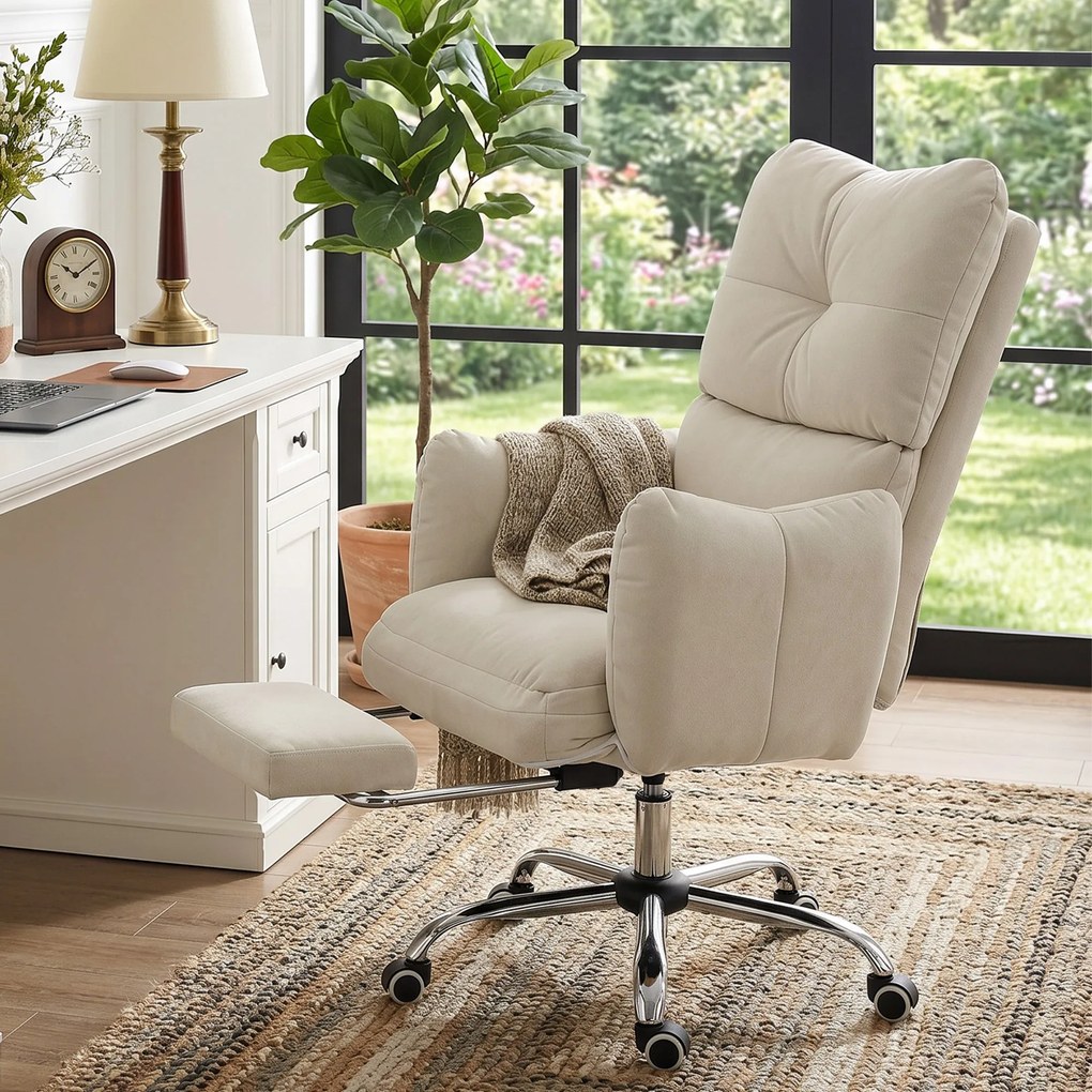 HOMCOM ergonomické kancelářské křeslo s podnožkou — krémově bílý flanel, silné čalounění, vysoké opěradlo, výškově nastavitelné