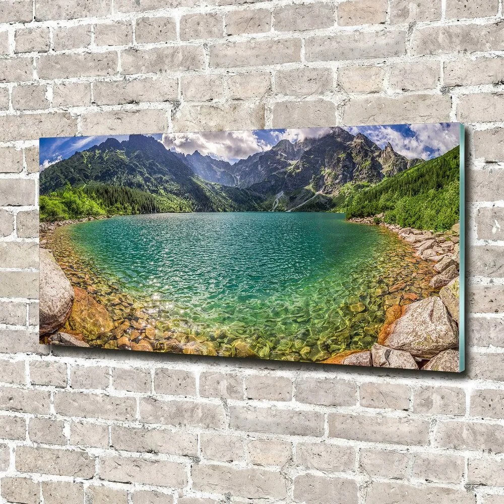 Wallmuralia Foto obraz fotografie na skle Jezero v horách 140x70 cm