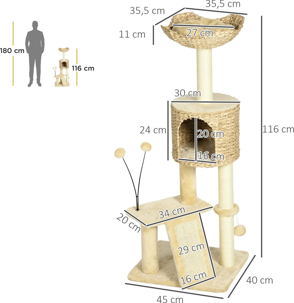 PawHut sisalové škrabadlo pro velké kočky 45x40x116cm s ochranou proti převrácení kočičí jeskyně plošina na hraní plyšová béžová do 20 kg | Aosom.de