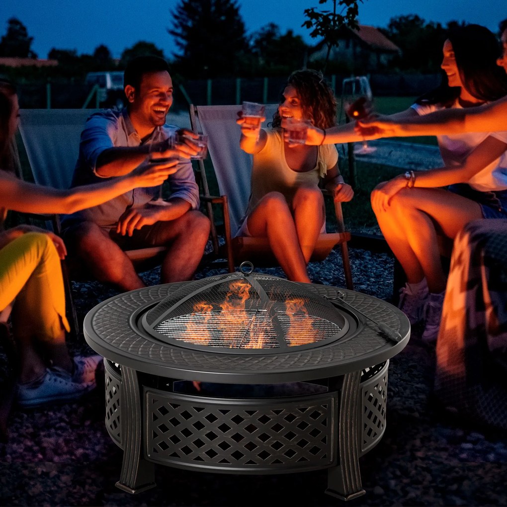 Outsunny miska na oheň pohrabáč ochrana proti jiskrám ohnivý koš ohnivý stůl kulatý ohniště zahrada kempování BBQ ocel černá 81x81x50cm