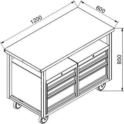 Pojízdný pracovní stůl do dílny GD, smrk + buková překližka, 6 zásuvek, 1190 x 600 x 850 mm, šedá