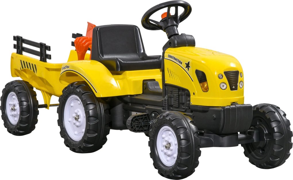 HOMCOM Pedálový Traktor s Přívěsem - Pedálové Auto pro Děti od 3 Let do Zahrady, Železný Žlutý 133 x 42 x 51 cm | Aosom