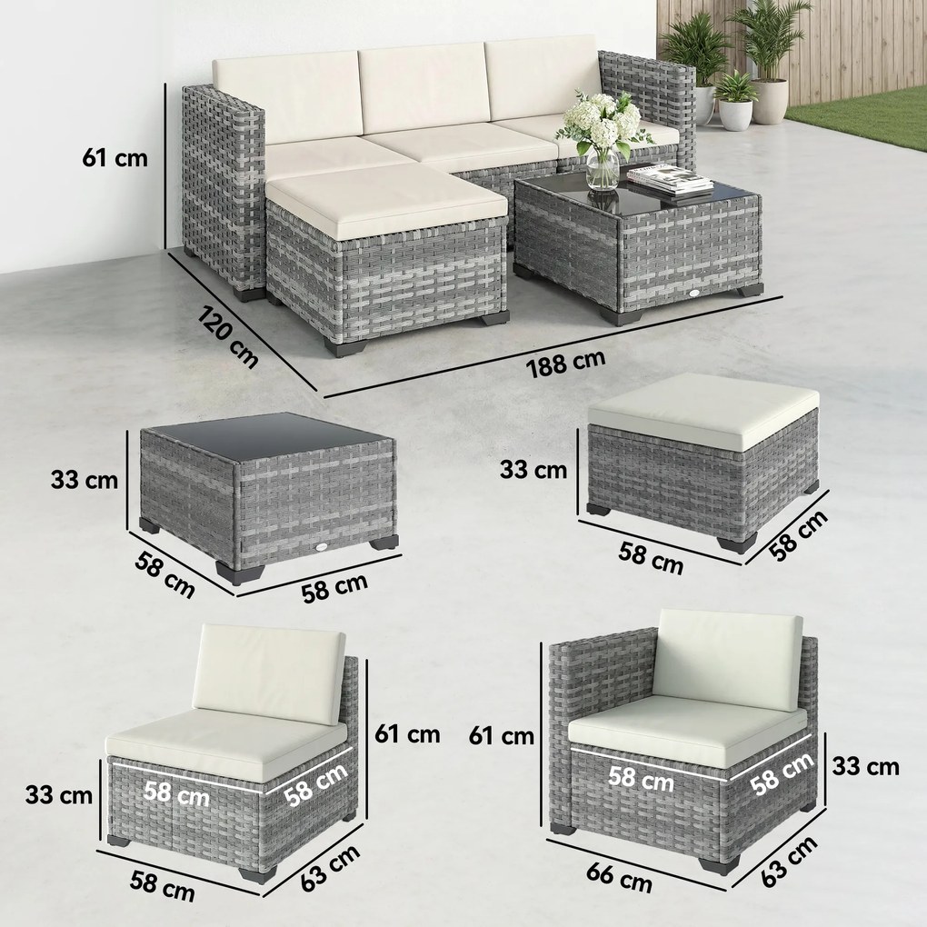 Polyratanový zahradní nábytek 5dílný, lounge set s rohovou pohovkou s taburetem, sedákem a opěrnými polštáři šedý+krémově bílý