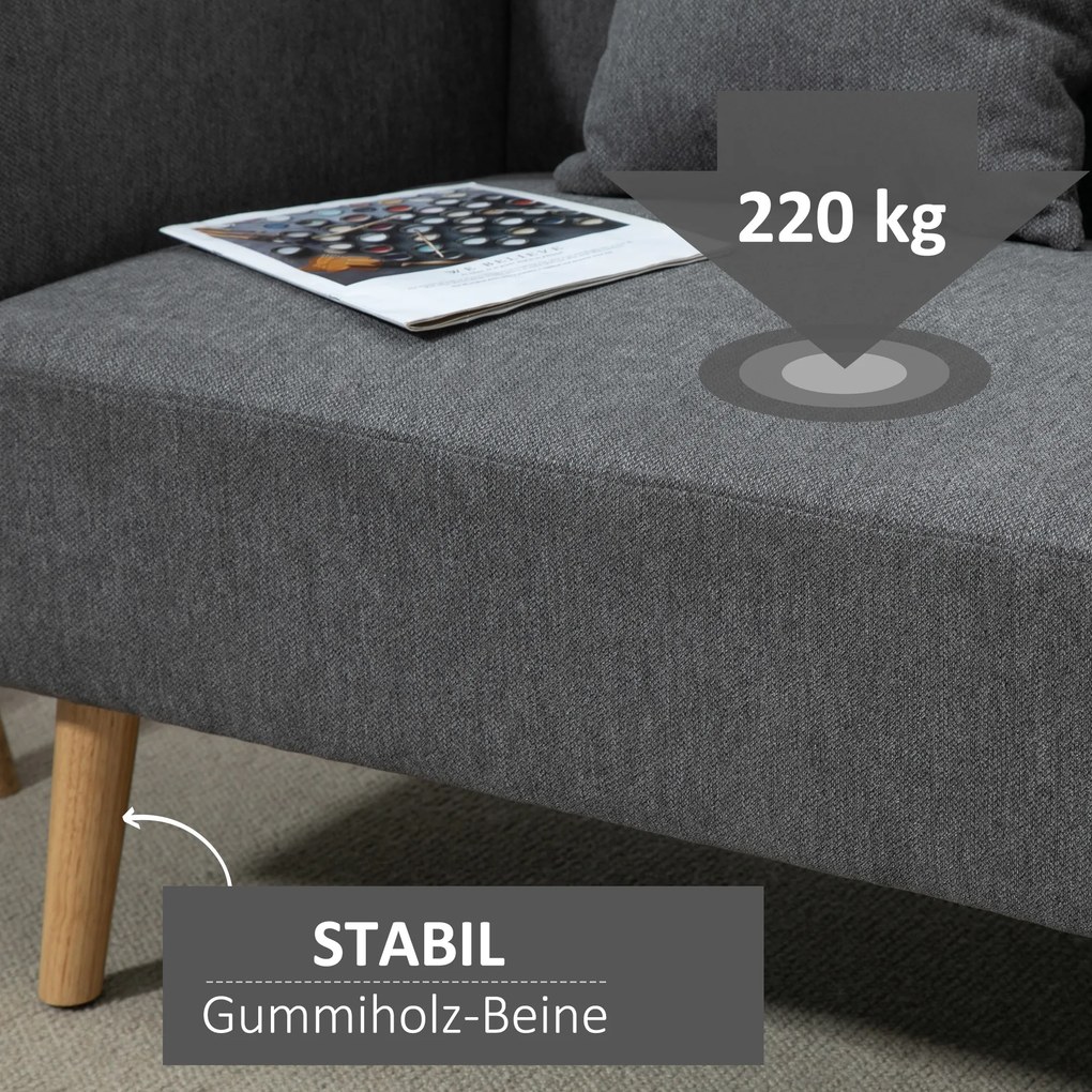 HOMCOM Dvoumístná rozkládací pohovka s polštáři, nastavitelné podnožky, sametový polyester, kaučukové dřevo, pěna, 2místná, potah látka