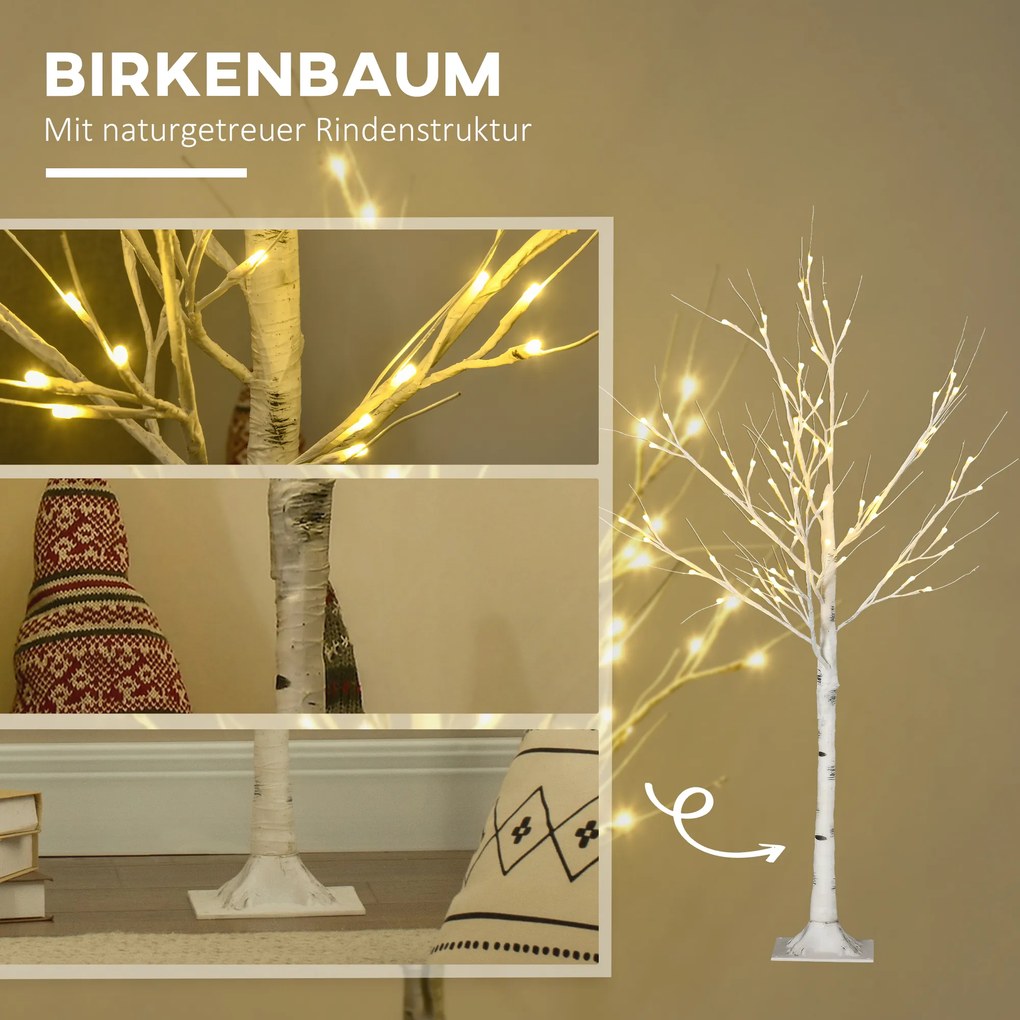 HOMCOM Umělý strom, umělá bříza, s LED osvětlením, teplá bílá, realistická bílá kůra, 17D x 17Š x 120V cm
