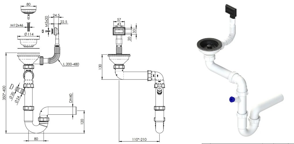 Sink Quality Sink55, kuchyňský granitový dřez 680x460x215 mm + grafitový sifon, černá, SKQ-SINK.C.1KDO.XB
