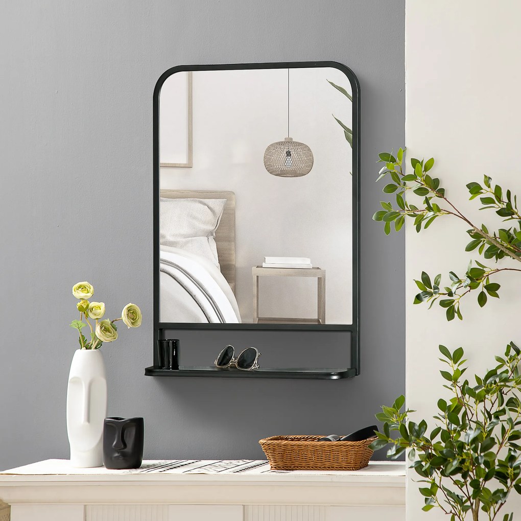 HOMCOM Nástěnné zrcadlo s policí 70x50cm moderní elegantní obdélníkové černé do obývacího pokoje a předsíně