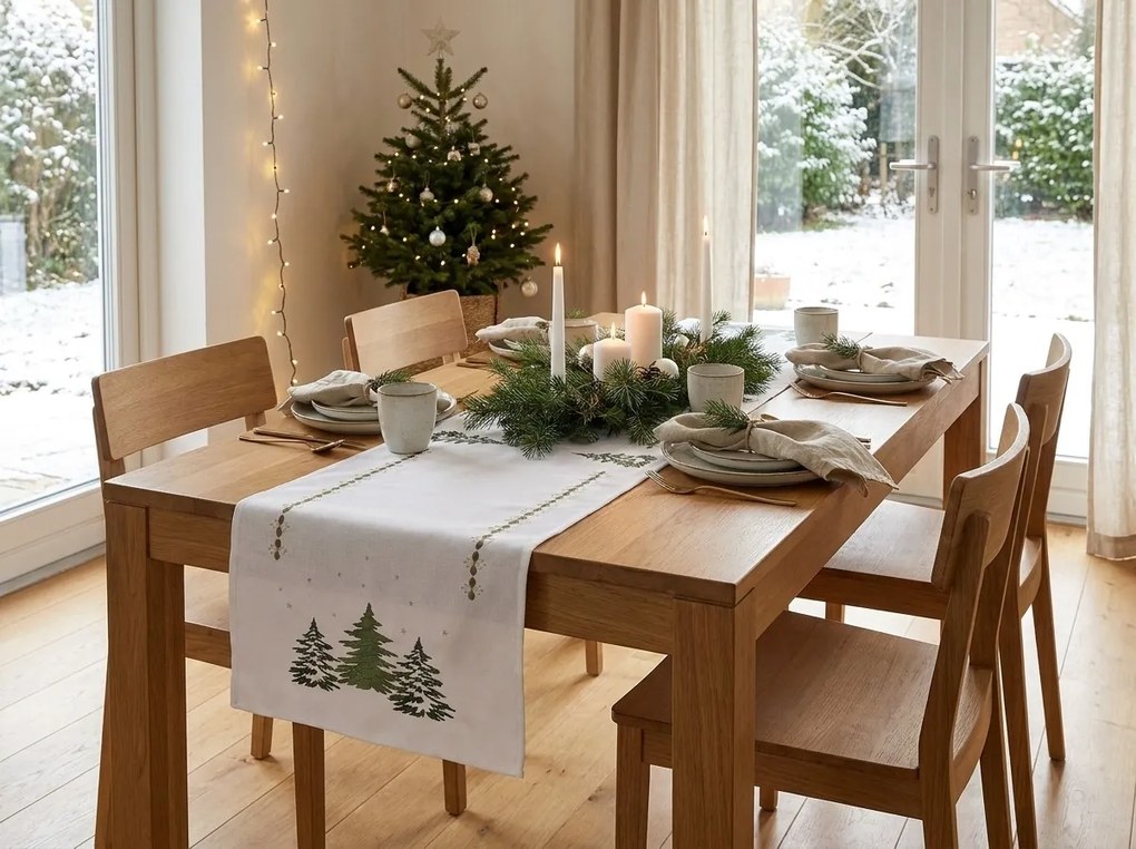 Vánoční běhoun na stůl EVERGREEN CHARM 40x140 cm, bílý