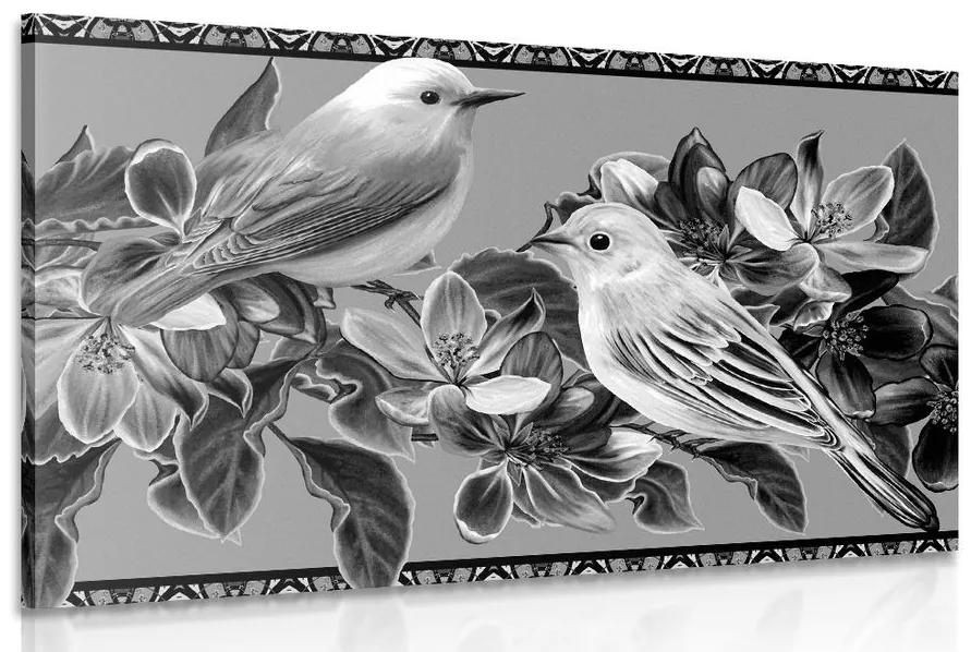 Obraz černobílé ptáčky a květiny ve vintage provedení - 120x80 cm