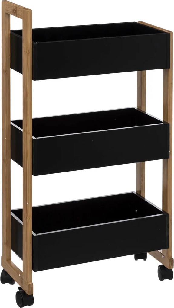 Koupelnový regál na kolečkách BAMBOO, černý, 3patrový