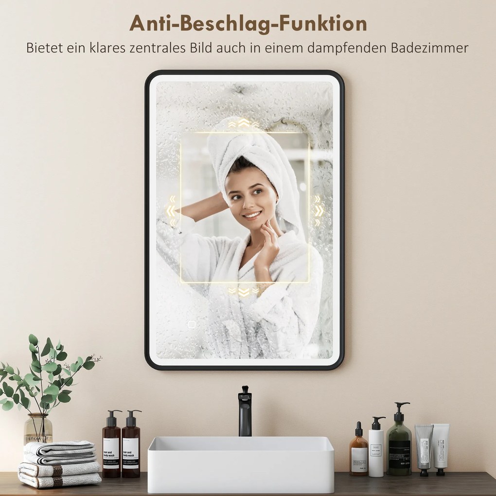 HOMCOM 90 x 60 cm LED koupelnové zrcadlo, světla, 3 barvy, stmívatelné, paměťová funkce, horizontálně a vertikálně, černé