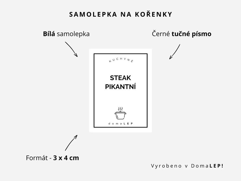 STEAK PIKANTNÍ - Samolepka na kořenky 3 x 4 cm - DomaLEP varianta: BÍLÁ - tučné písmo