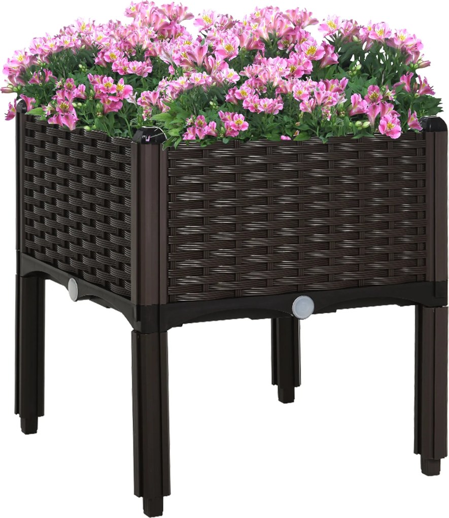Zvýšený záhon Outsunny, květináč s drenážními otvory, květinový box v ratanovém vzhledu, plast, hnědý, 40 x 40 x 44 cm | Aosom