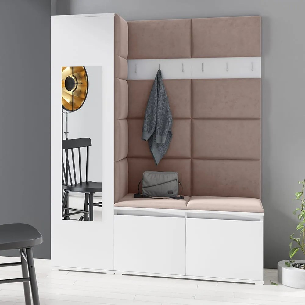 Eka Předsíňová stěna s čalouněnými panely Trinity 14 - Bílá / Tmavá béžová 2305